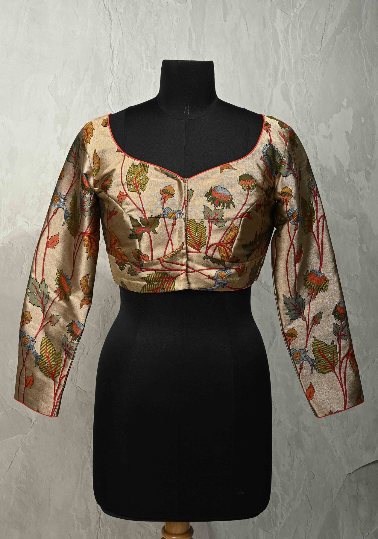 SIZE 36" Bronze Semi Paithani Style Tissue Silk Leaf Neckline with Mee ...