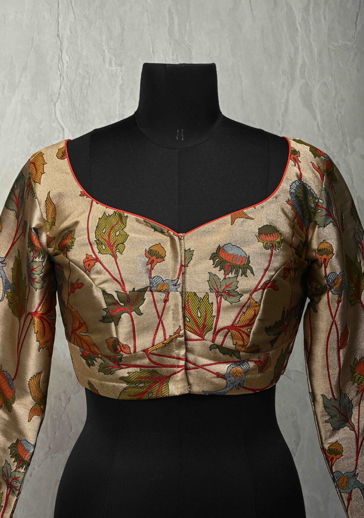 SIZE 36" Bronze Semi Paithani Style Tissue Silk Leaf Neckline with Mee ...