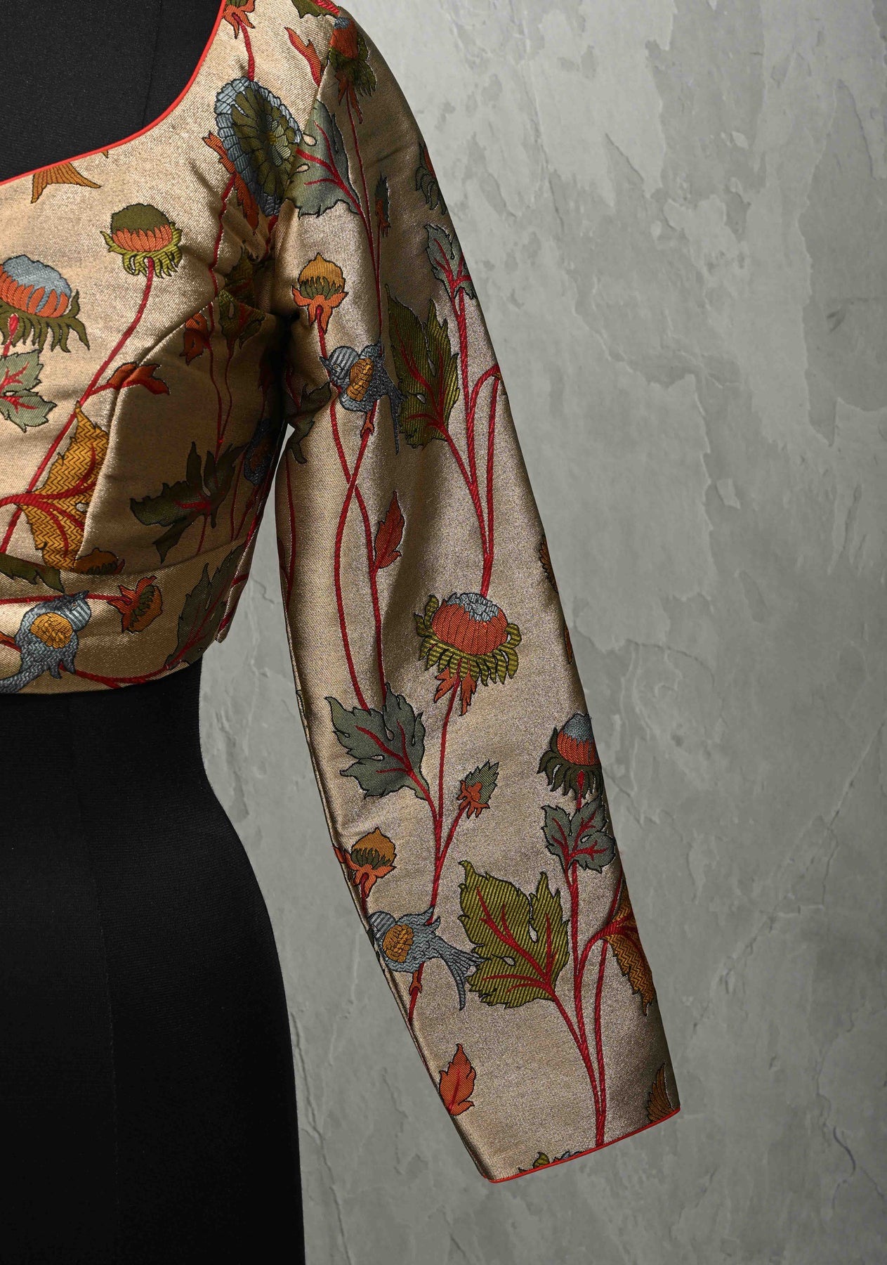 SIZE 36" Bronze Semi Paithani Style Tissue Silk Leaf Neckline with Mee ...