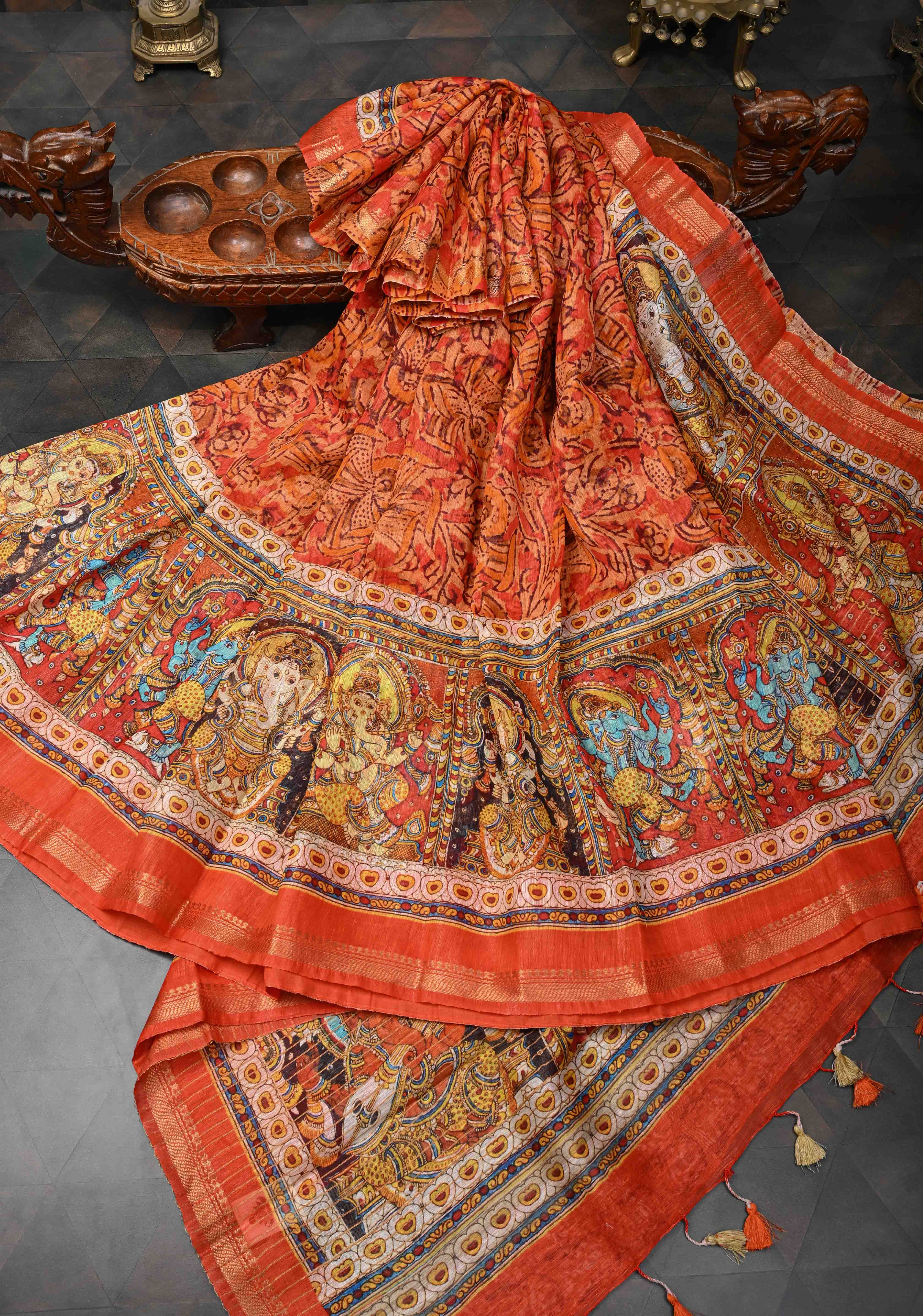 Ashta Ganapathi Kalamkari Digital Print Silk Linen Saree in Orange ...
