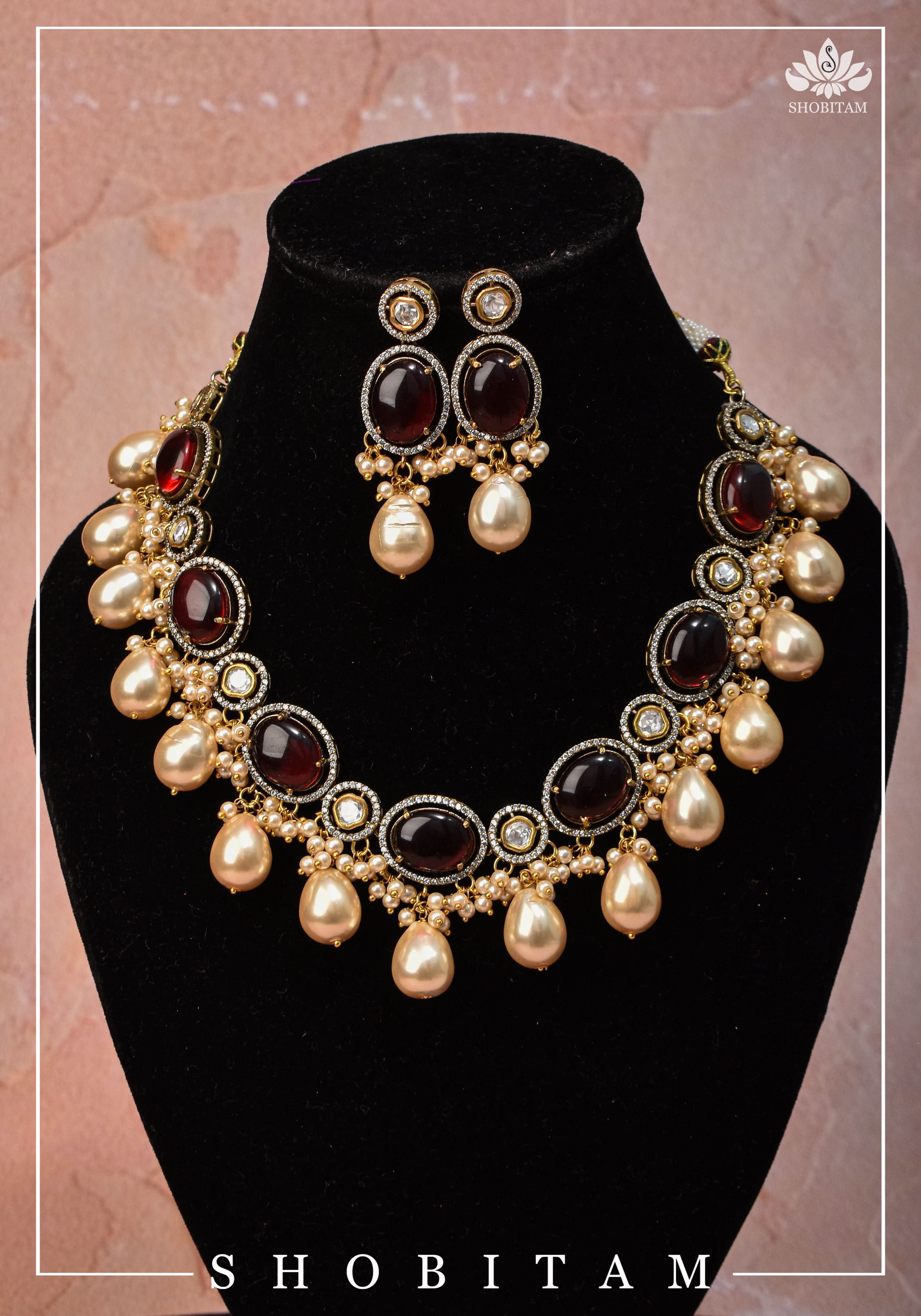 Oval Shape Red stone and Pearl Kundan Necklace Set - Shobitam