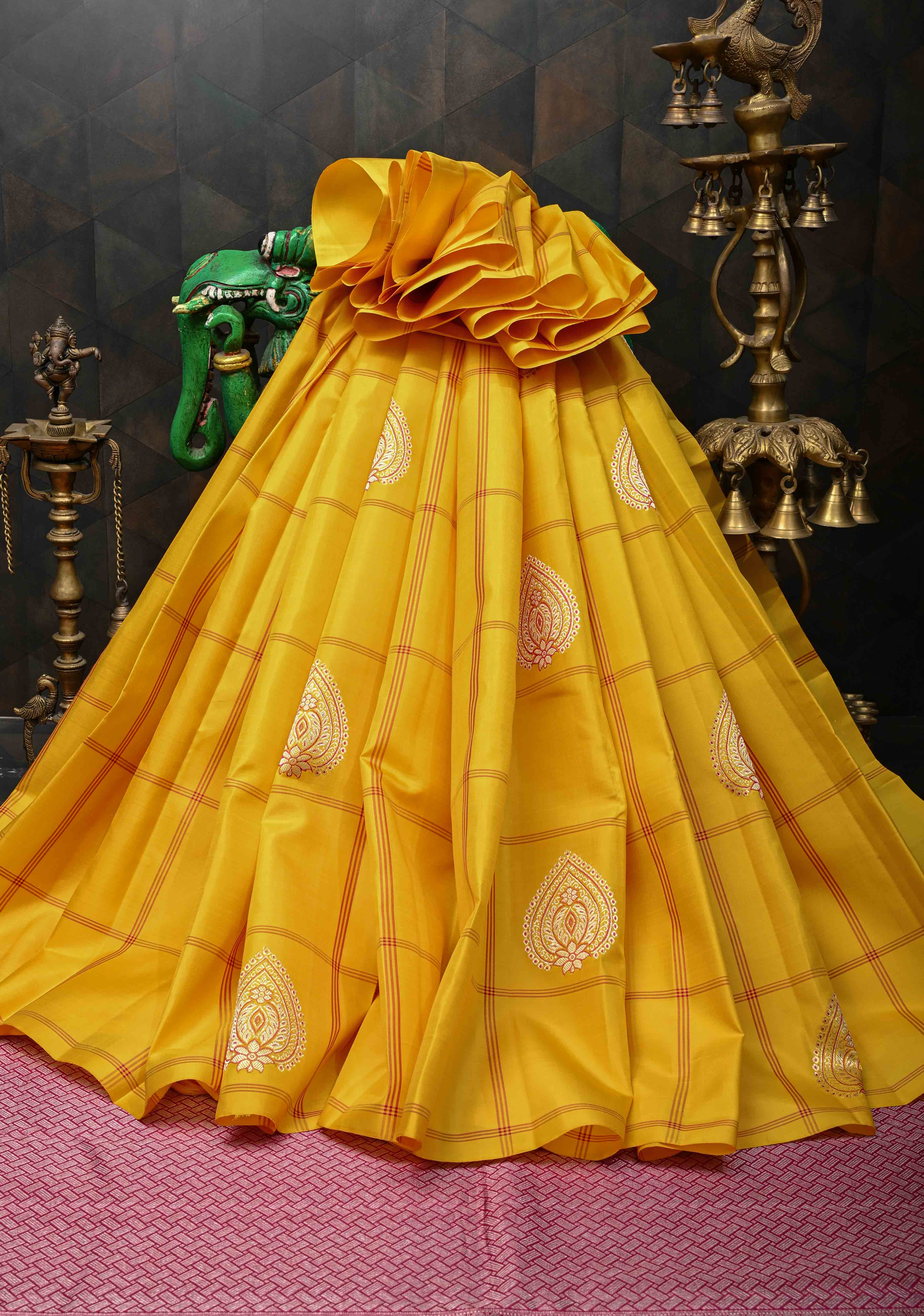 Yellow Checks Kanjivaram Silk Saree leaf Buttas with zari Border - Shobitam