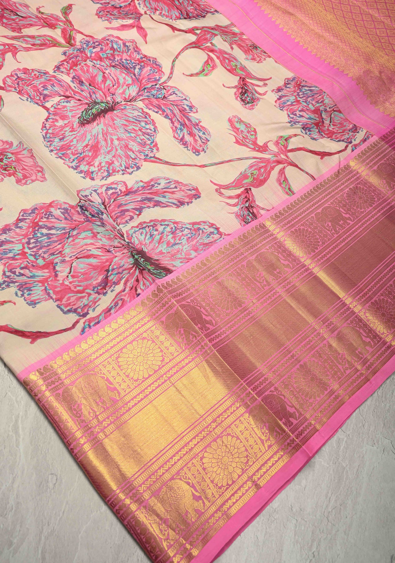 Off White Kanjivaram Silk Saree with Pink Abstract Floral Digital Prin ...
