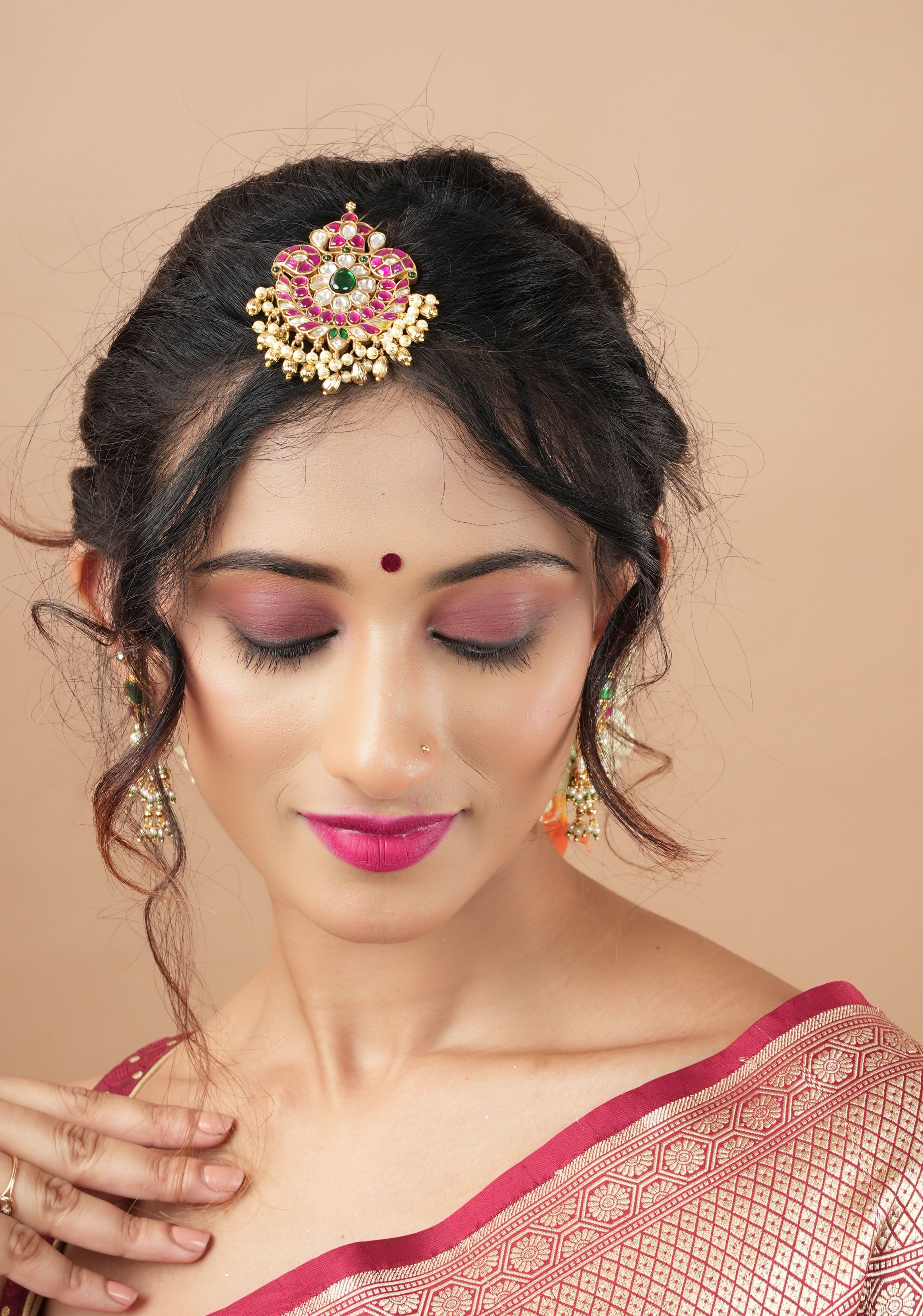 Maang Tika for non-partitioned hair in Pink And Green Stones And Dangl - Shobitam