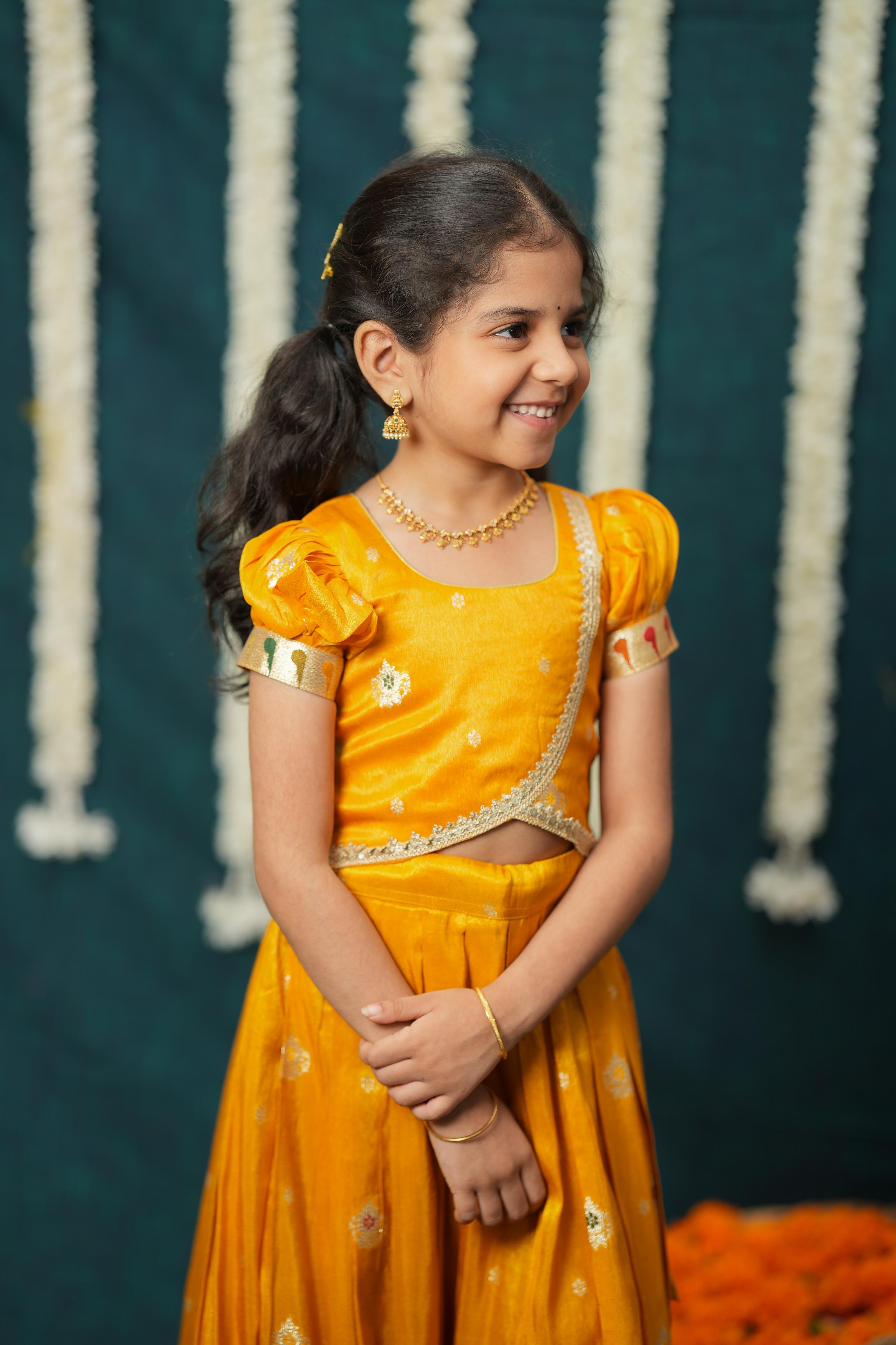 Maithiri yellow Silk Kids Lehenga Set mini - Shobitam