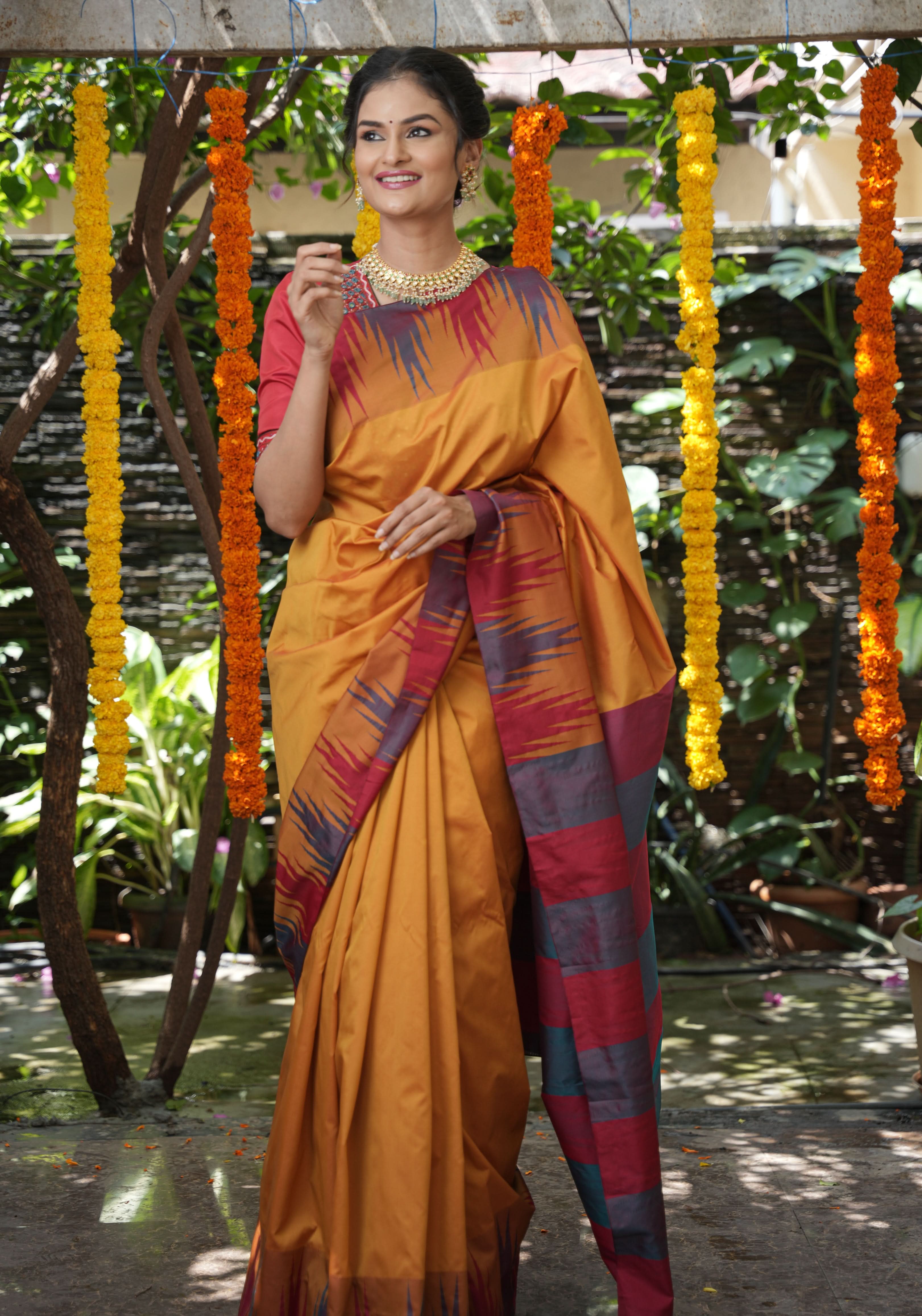 Pale Mustard Yellow Tone and Two Color Temple Border on Art Silk Saree ...