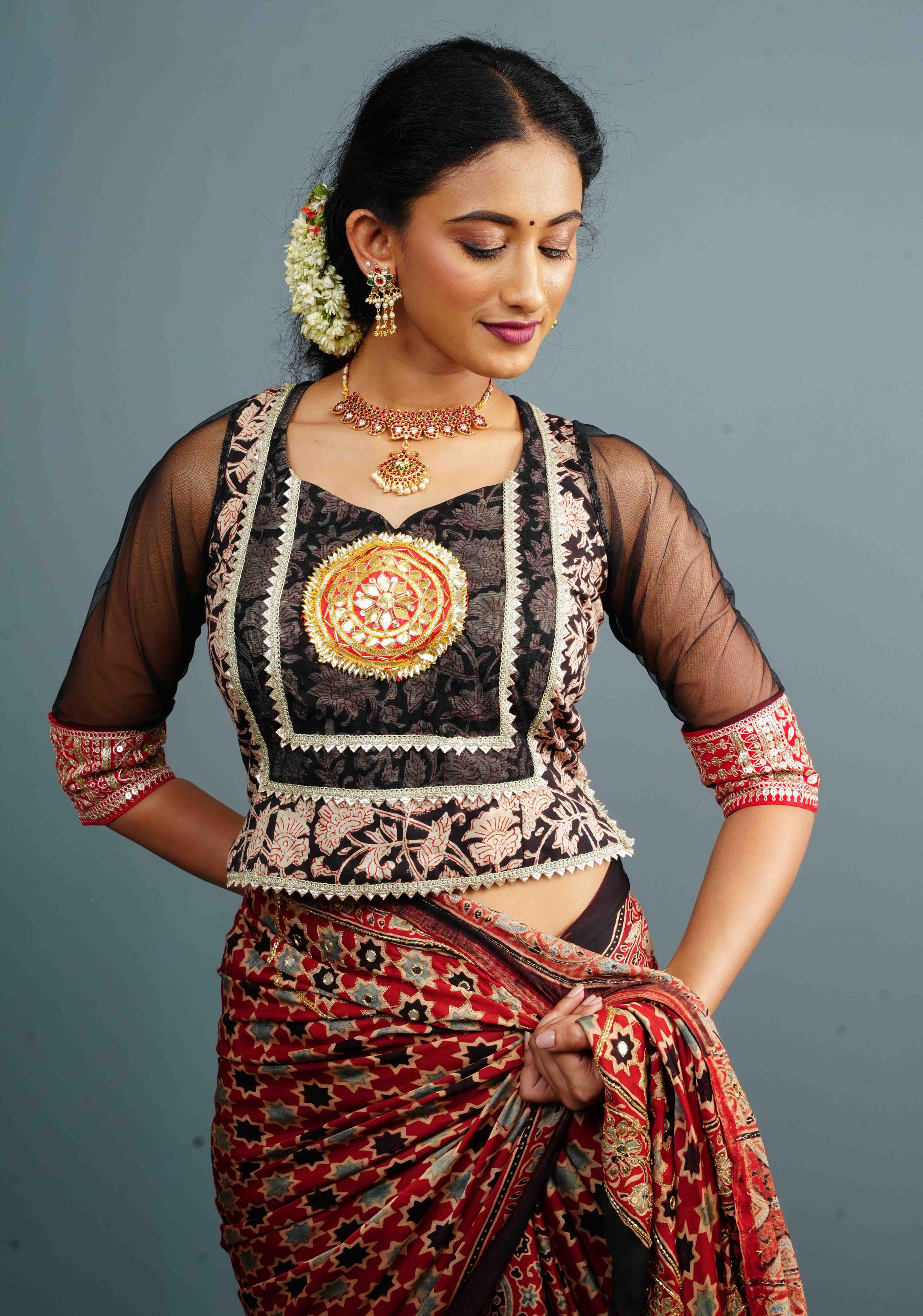 Koti Style Blouse in Black and red with Kalamkamkari Block Print, Net ...