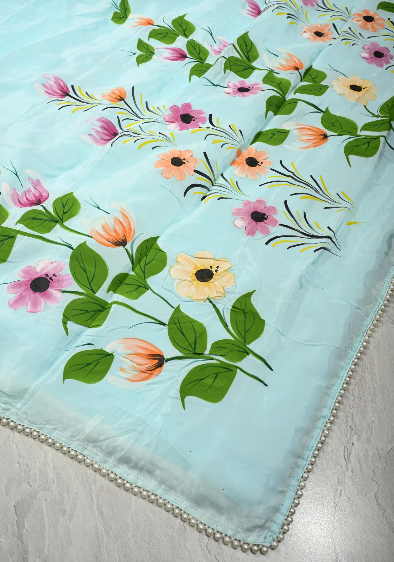 Powder Blue Modal Silk Saree with Floral Hand Painted and delicate pea ...