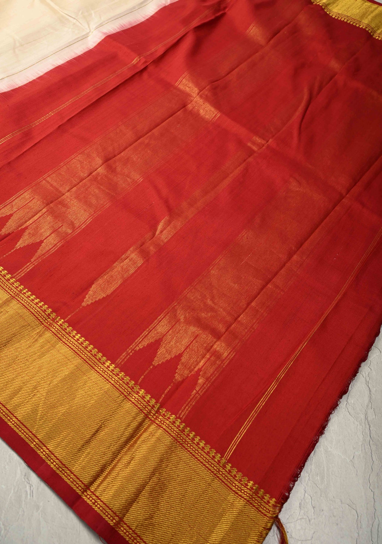 Off White Ahimsa Silk Handloom Saree With Wide Zari Border and Long Ta ...