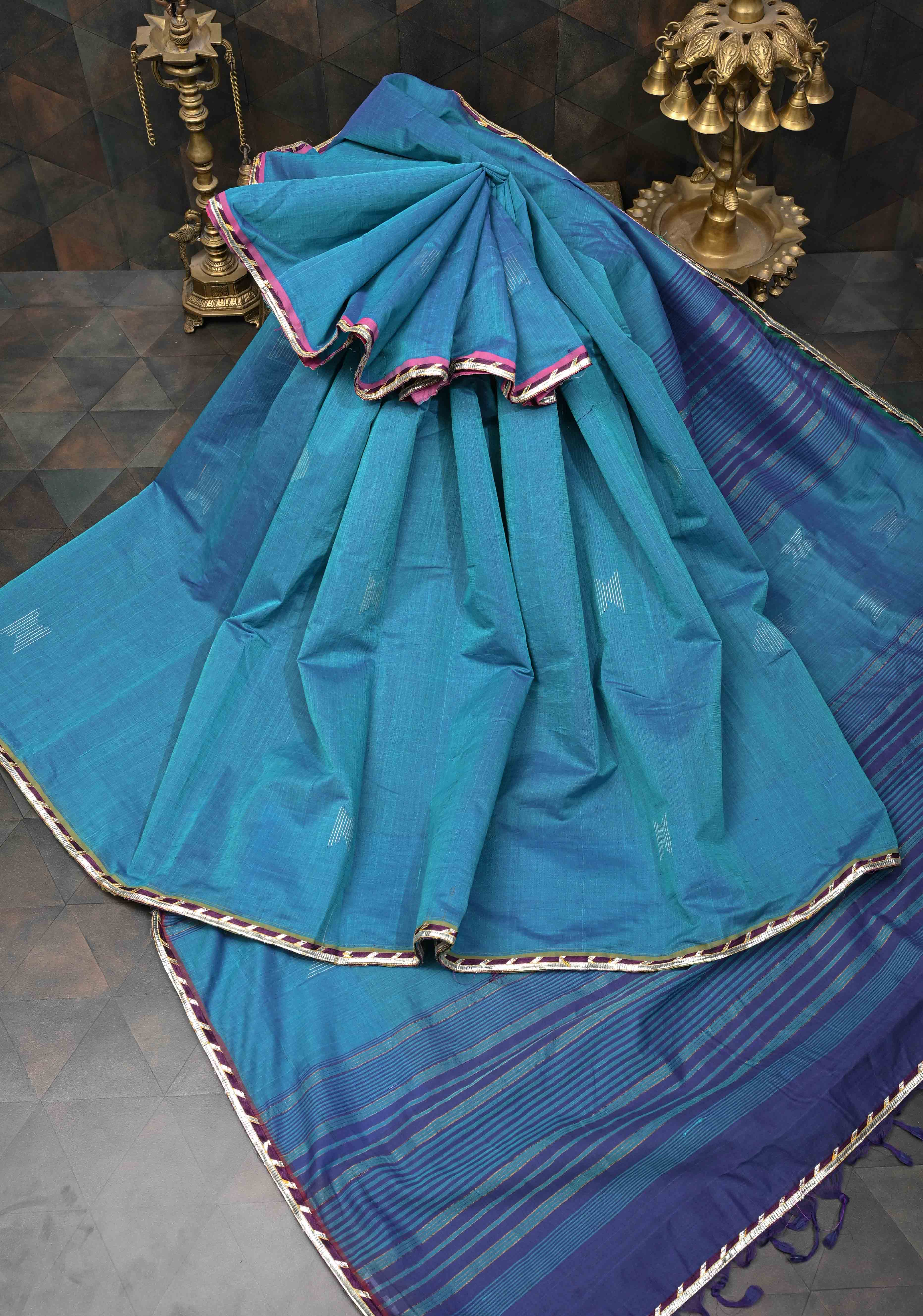 Aloe Vera - Kenaf Cotton Vegan Handloom Saree in Shades of Teal with l ...