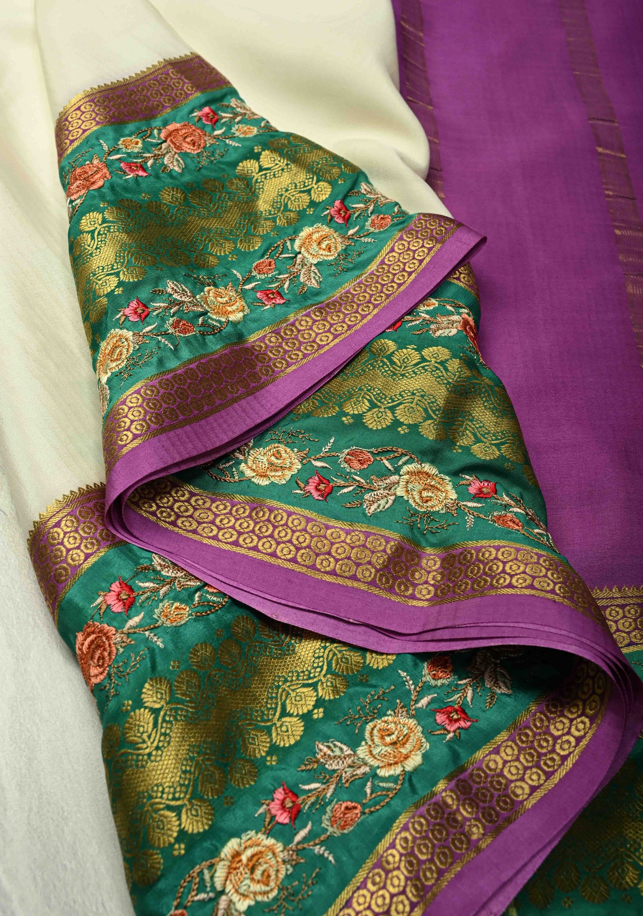 Off White Mysore silk saree with Floral Machine Embroidery on Two tone ...