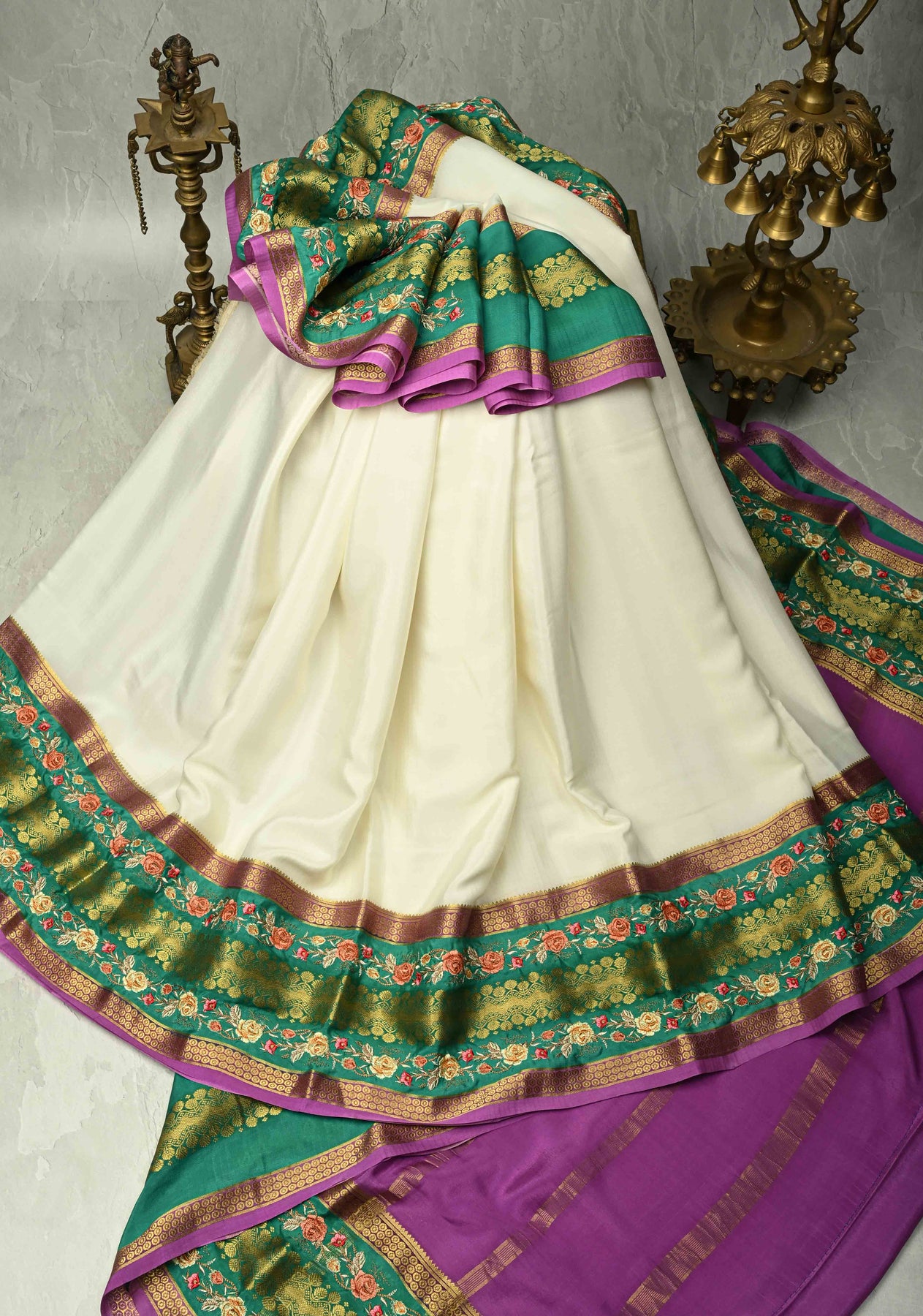 Off White Mysore silk saree with Floral Machine Embroidery on Two tone ...