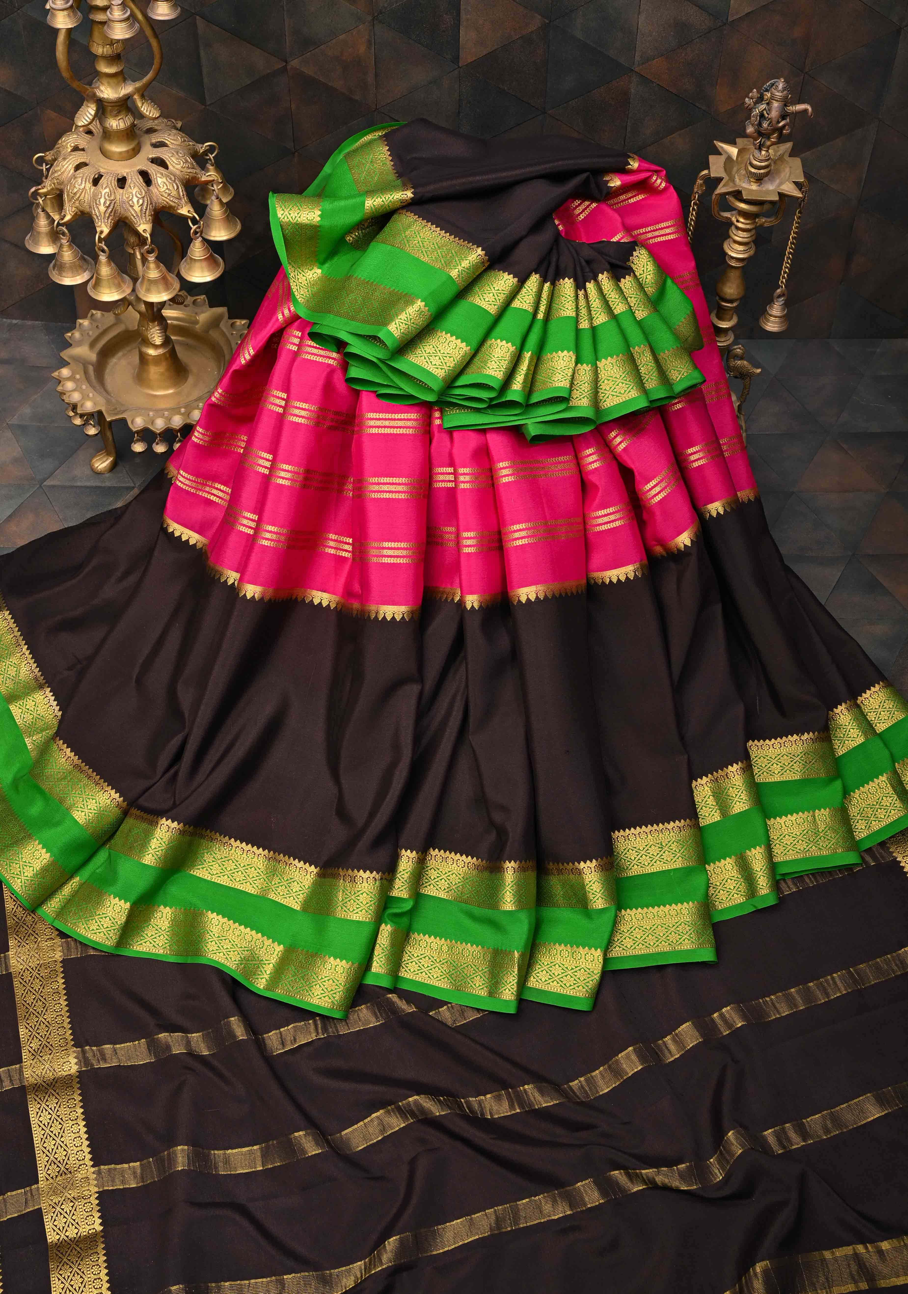 Bright Pink Mysore Silk Saree with Horizontal Stripes And Black Panel ...