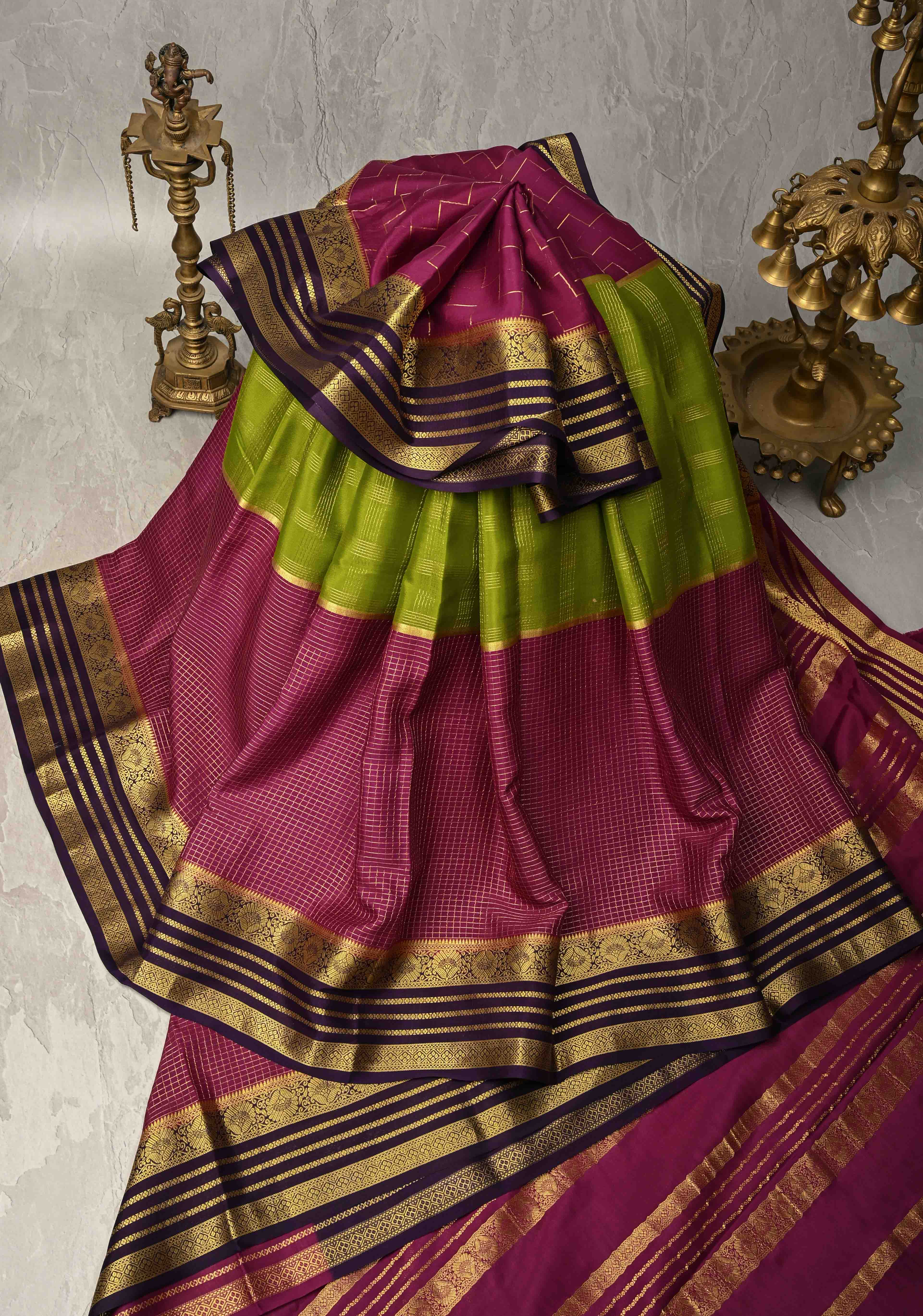 Blue-Gray Zari Checks on Pure Mysore Silk saree Floral Zari Motifs And ...