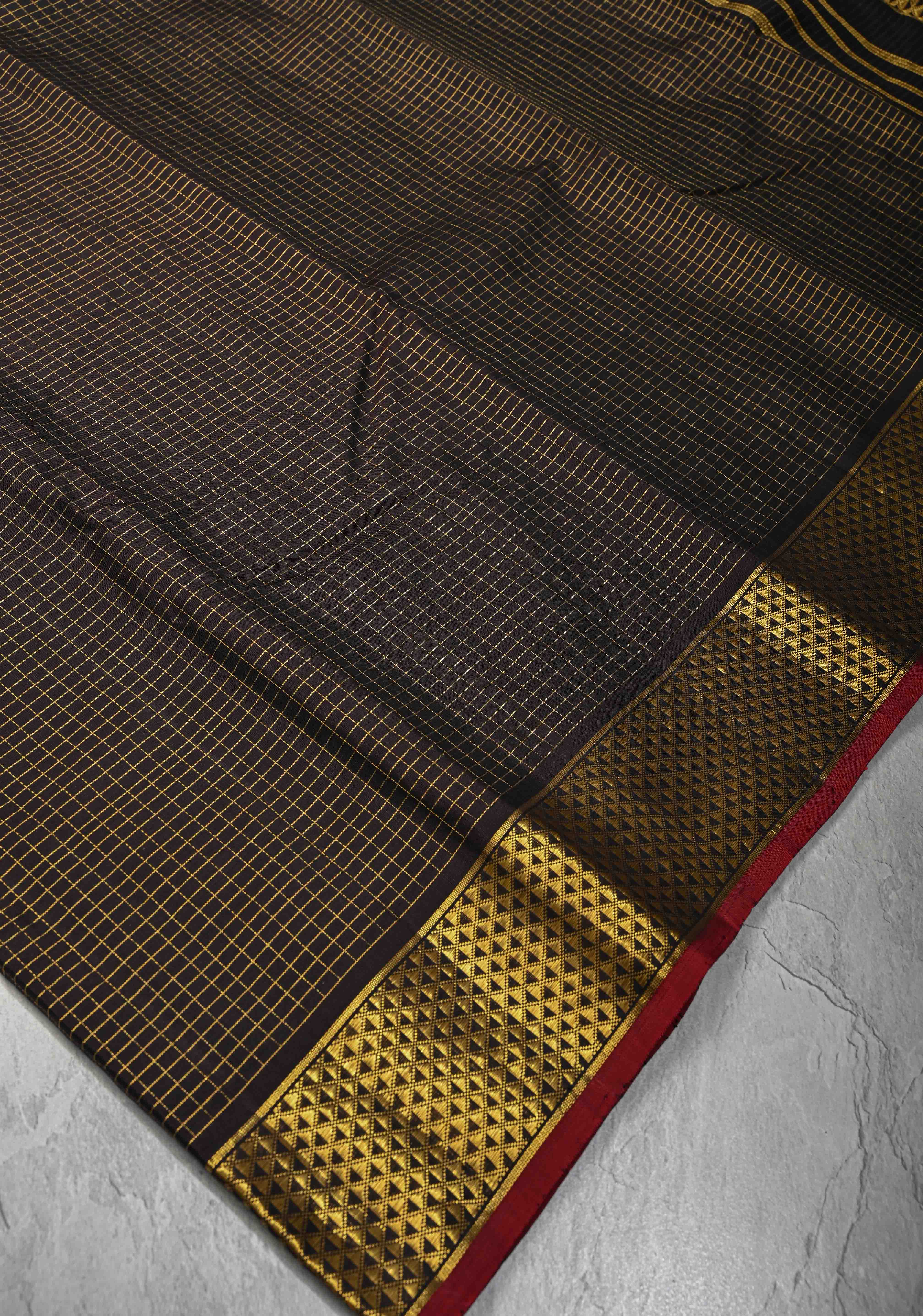 Biscuit Border Zari Kattam Black Kanjivaram Pure Silk Saree with Podi ...