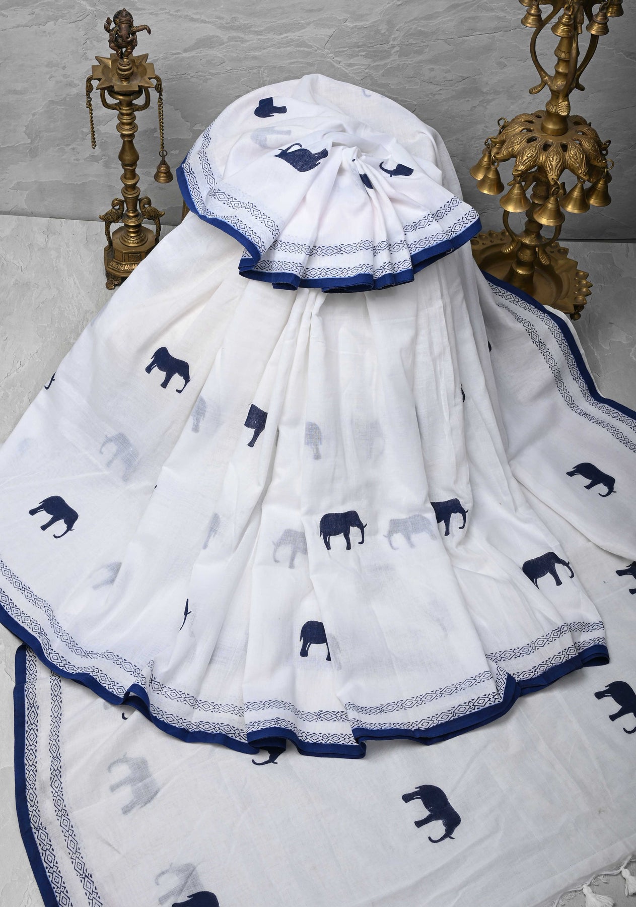 White Uppada Cotton Saree with Elephant Block Buttas and Contrast Bord ...