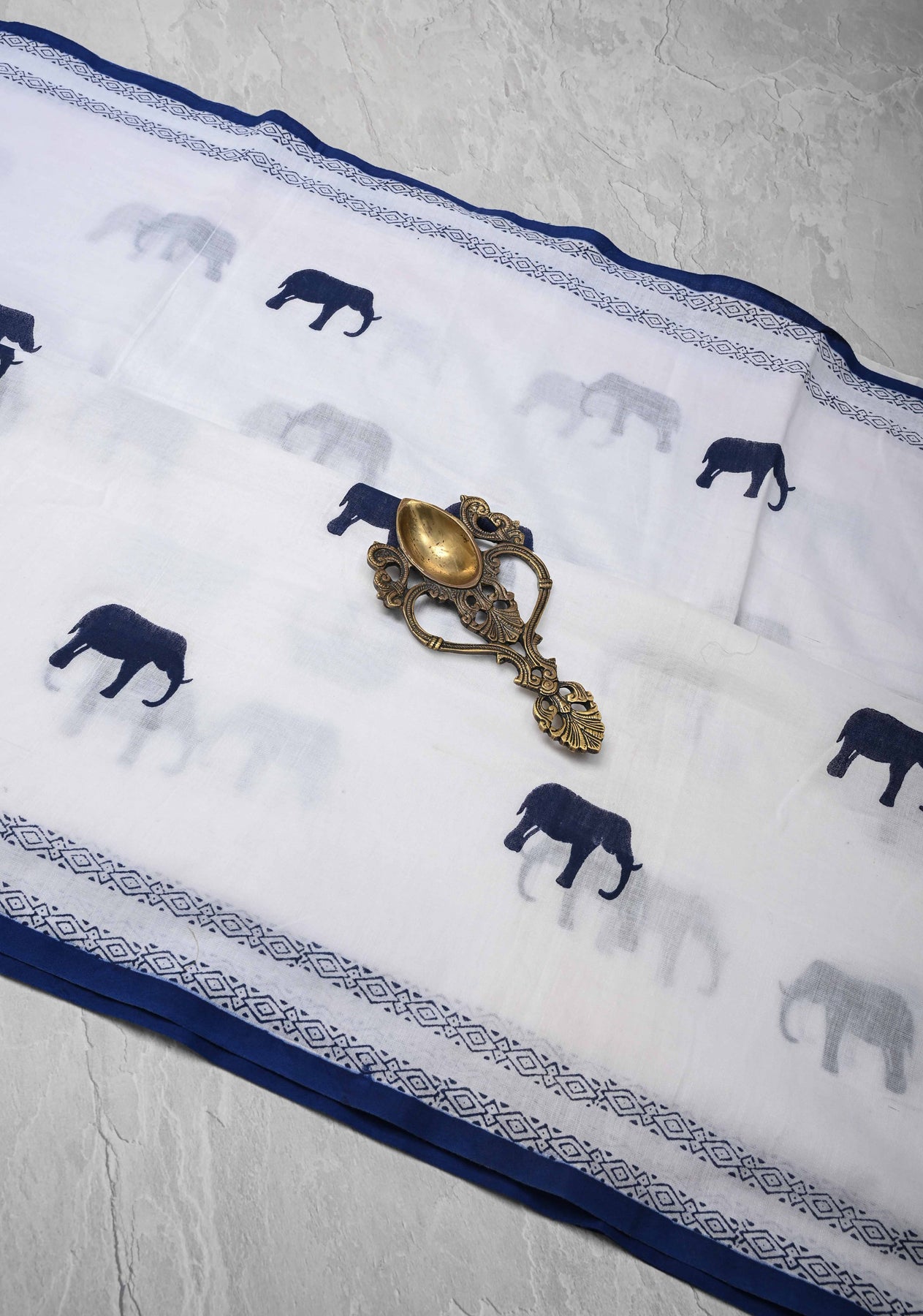 White Uppada Cotton Saree with Elephant Block Buttas and Contrast Bord ...