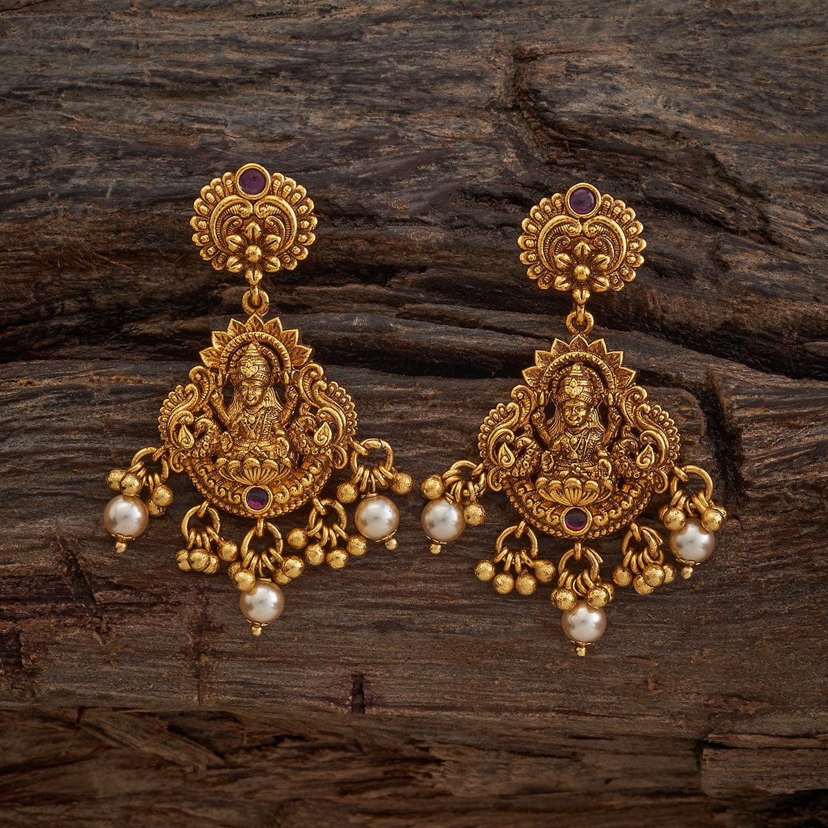 Lotus and Lakshmi Design Antique Earring with Dangling Pearls - Shobitam