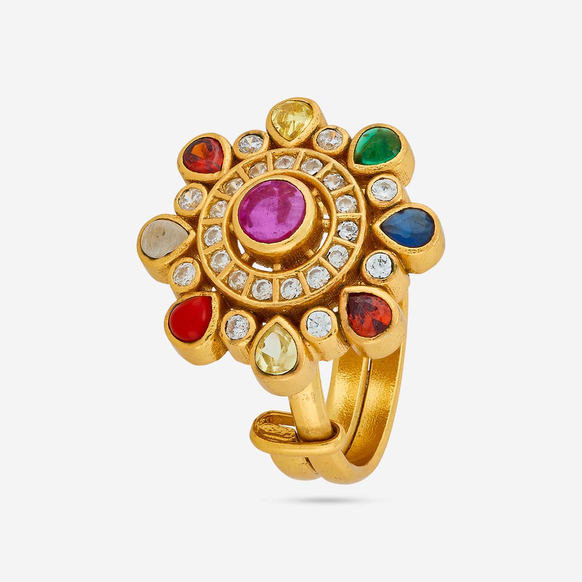 Pure 92.5 Silver Gold Plated Colorful Gemstone Navaratna Ring in Flora ...