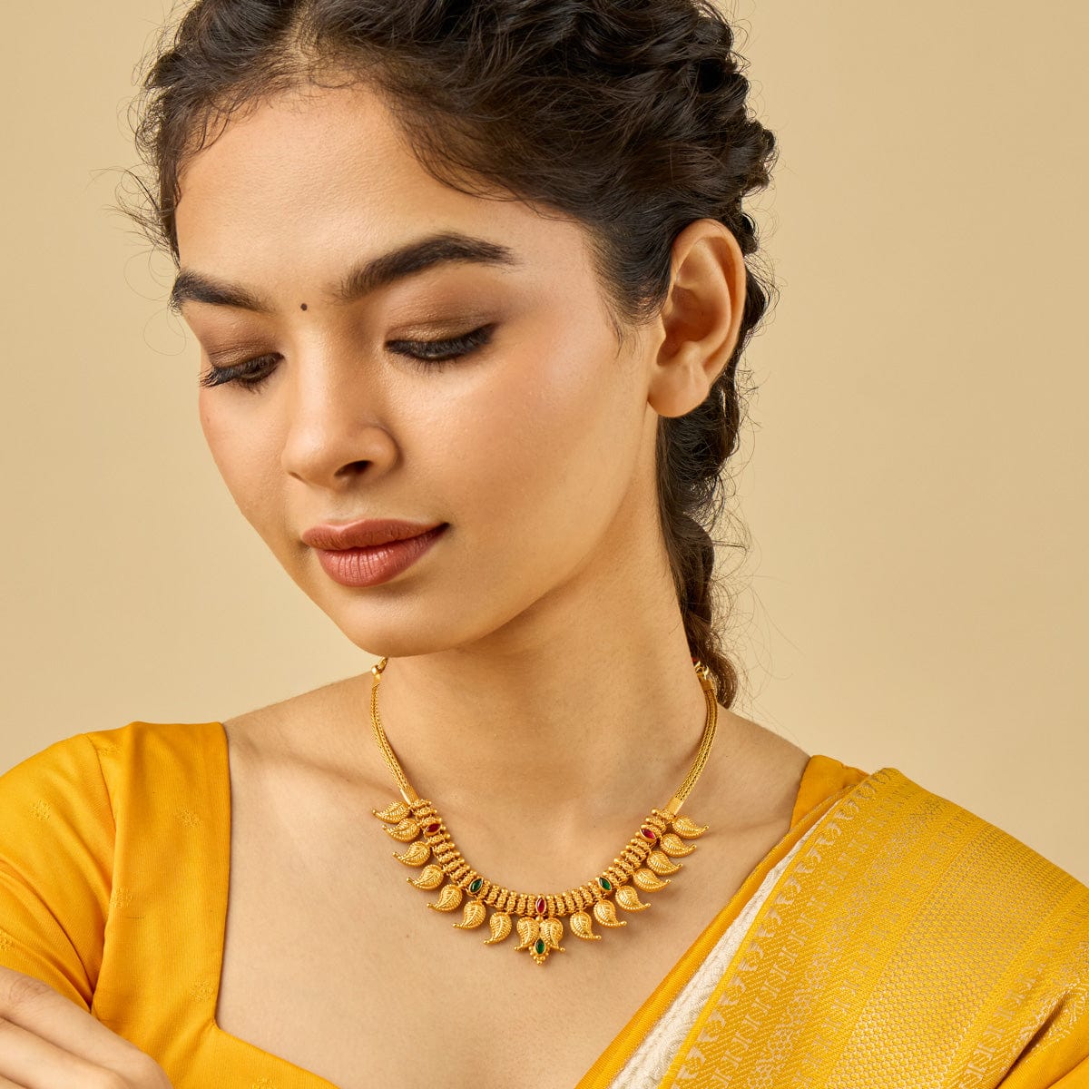 Pure 92.5 Silver Gold Plated Temple Necklace with Leaf Design and Ruby ...