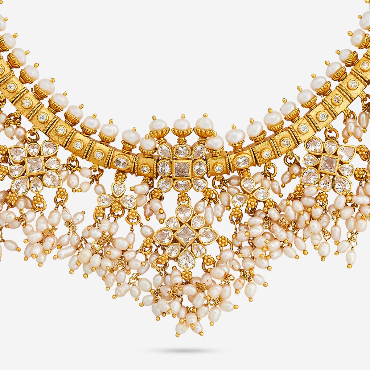 Pure 92.5 Silver, Gold Plated Pearl-Cluster Floral Bloom Guttapusalu H ...