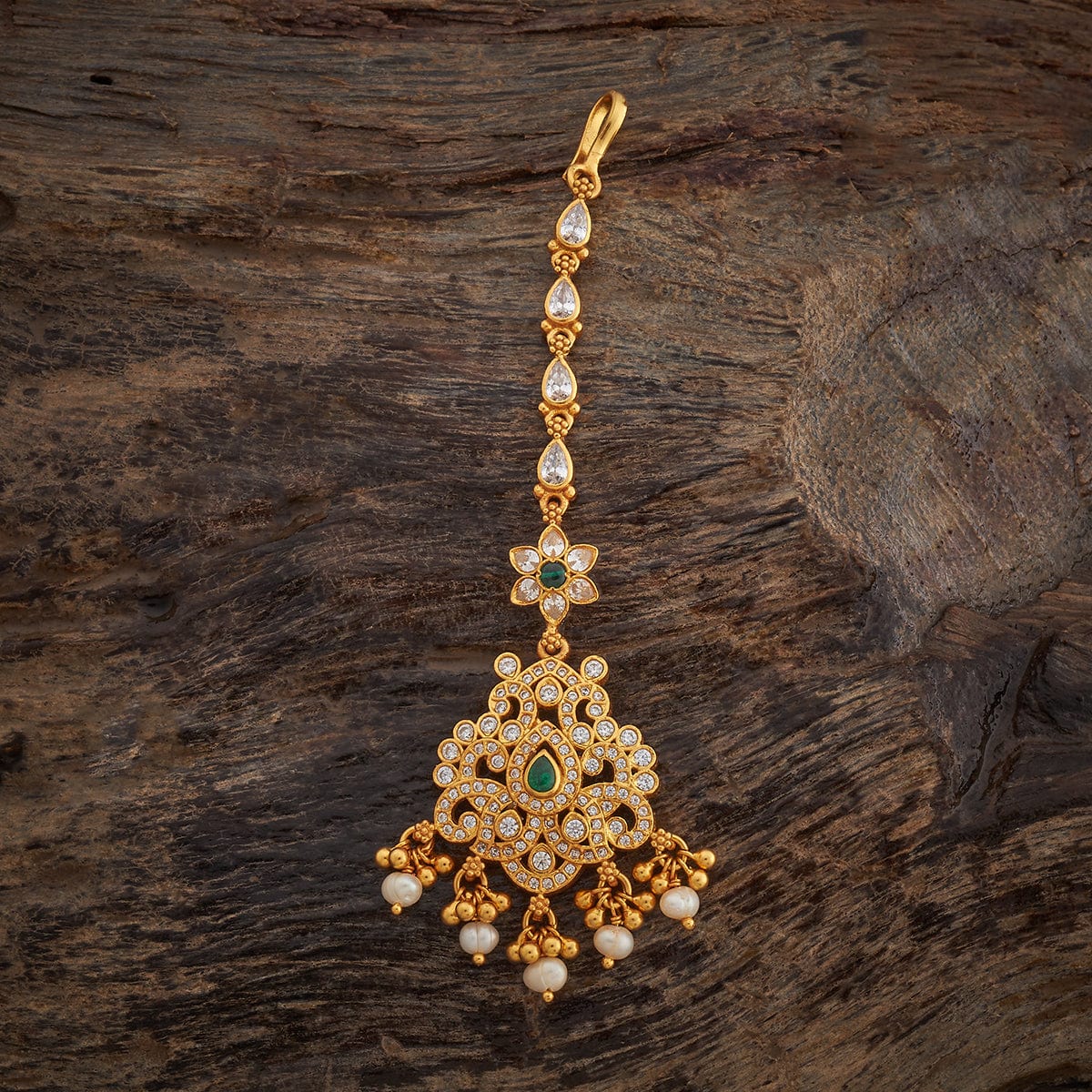 Pure 92.5 Silver, Gold-Plated CZ-Studded Maang Tikka with Green Stones ...