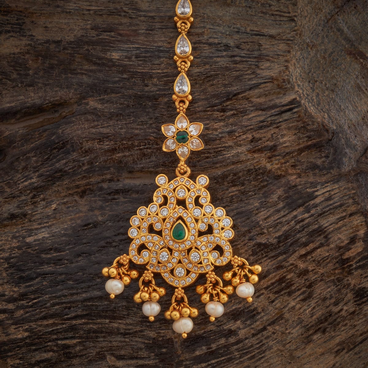 Pure 92.5 Silver, Gold-Plated CZ-Studded Maang Tikka with Green Stones ...