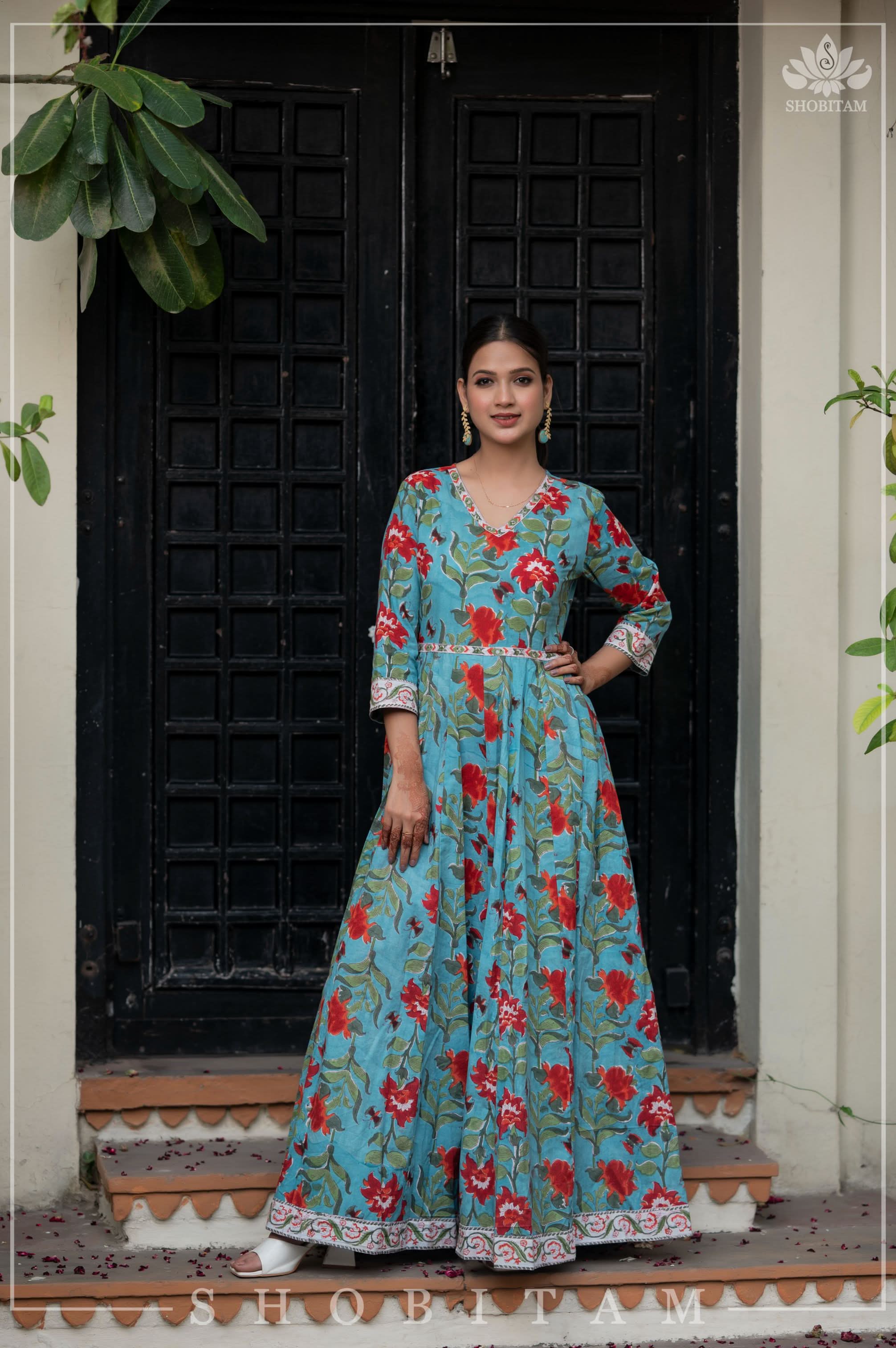 6 Meter Flare Long Dress in Blue and Coral | Shobitam Made To Order ...